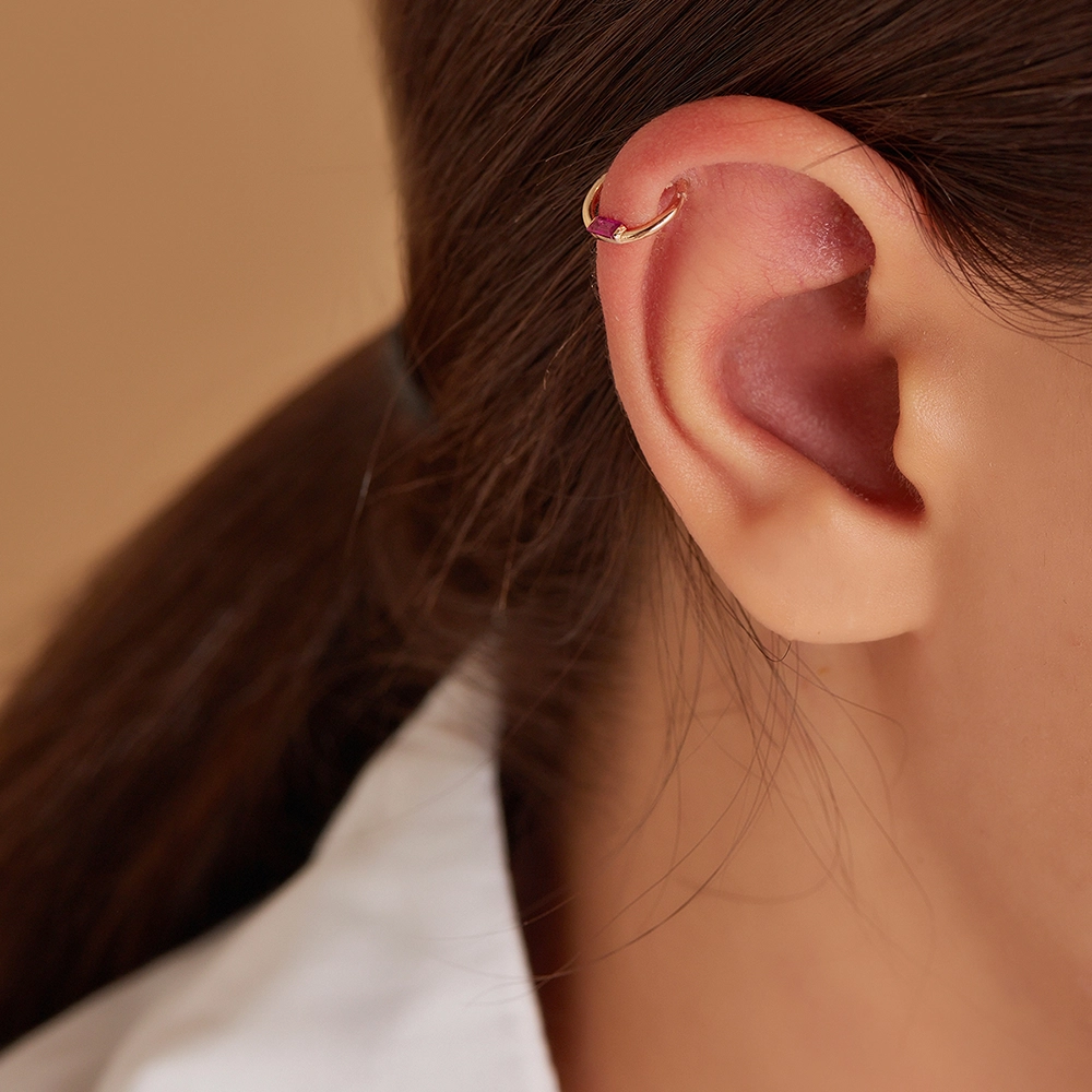 Alia Baguette Cut Diamond Ruby Rose Gold Piercing