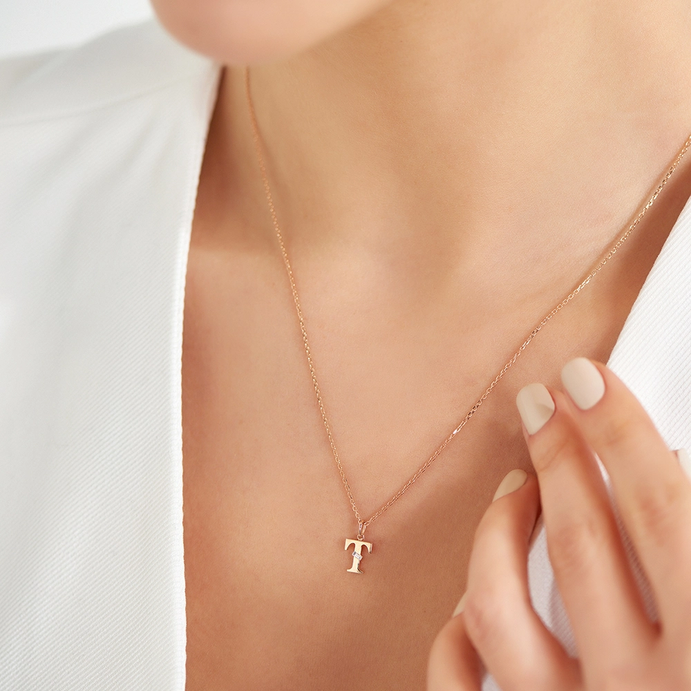 T Harf Baget Pırlanta Taşlı Rose Altın Kolye | Nev Jewellery